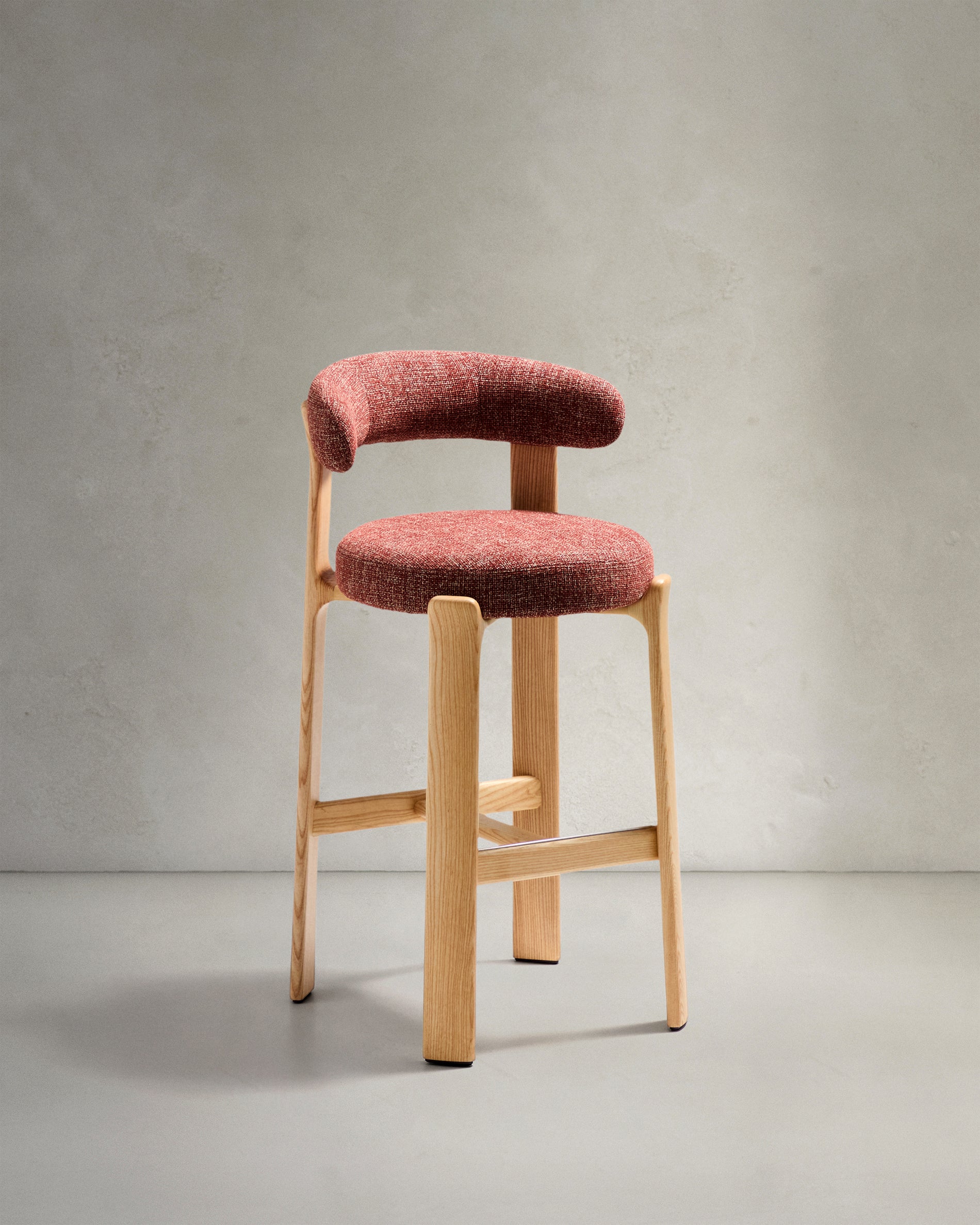 Granite stool in terracotta chenille and solid ash wood with natural t ...