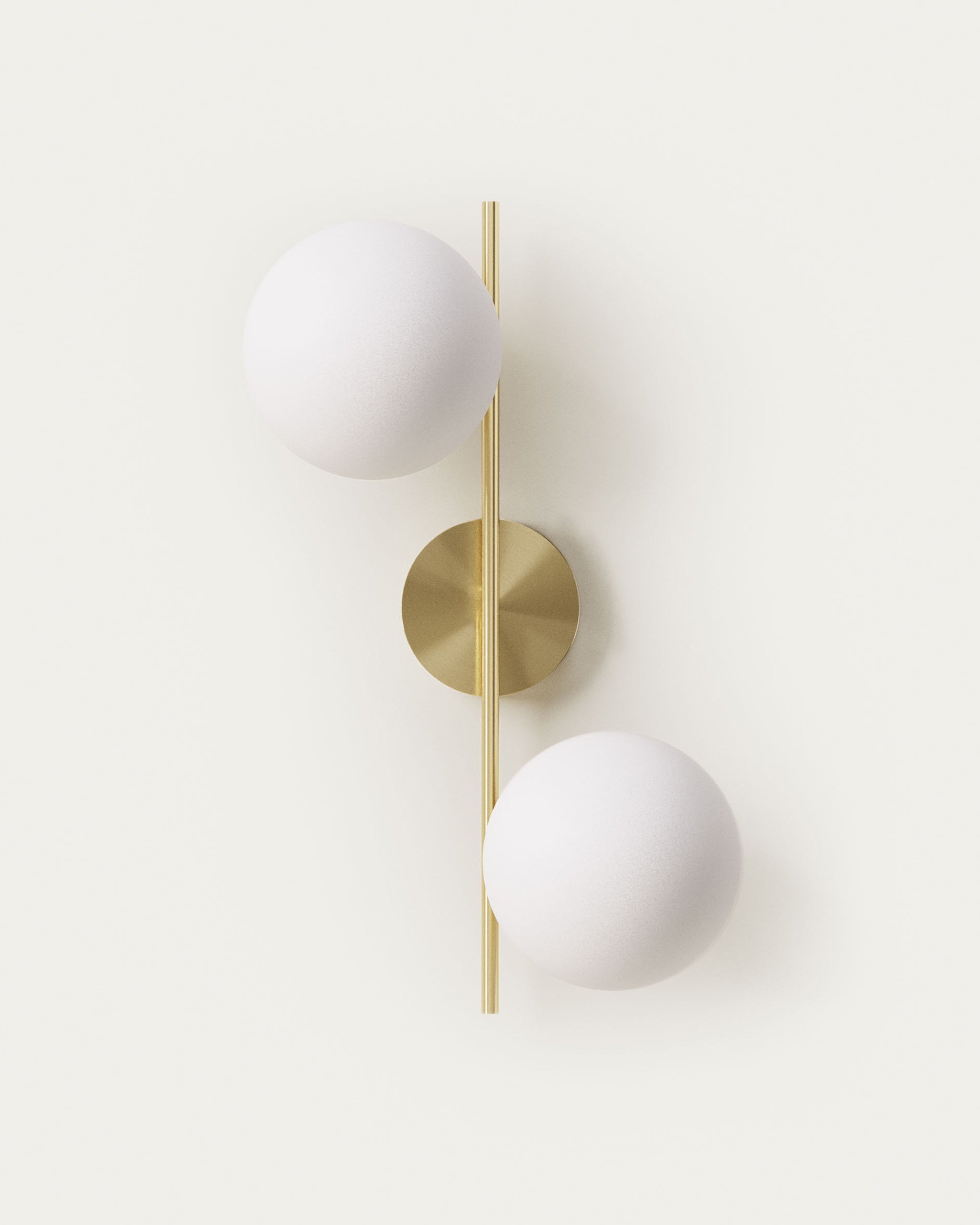 Mahala steel wall light with brass finish and two frosted glass sphere ...